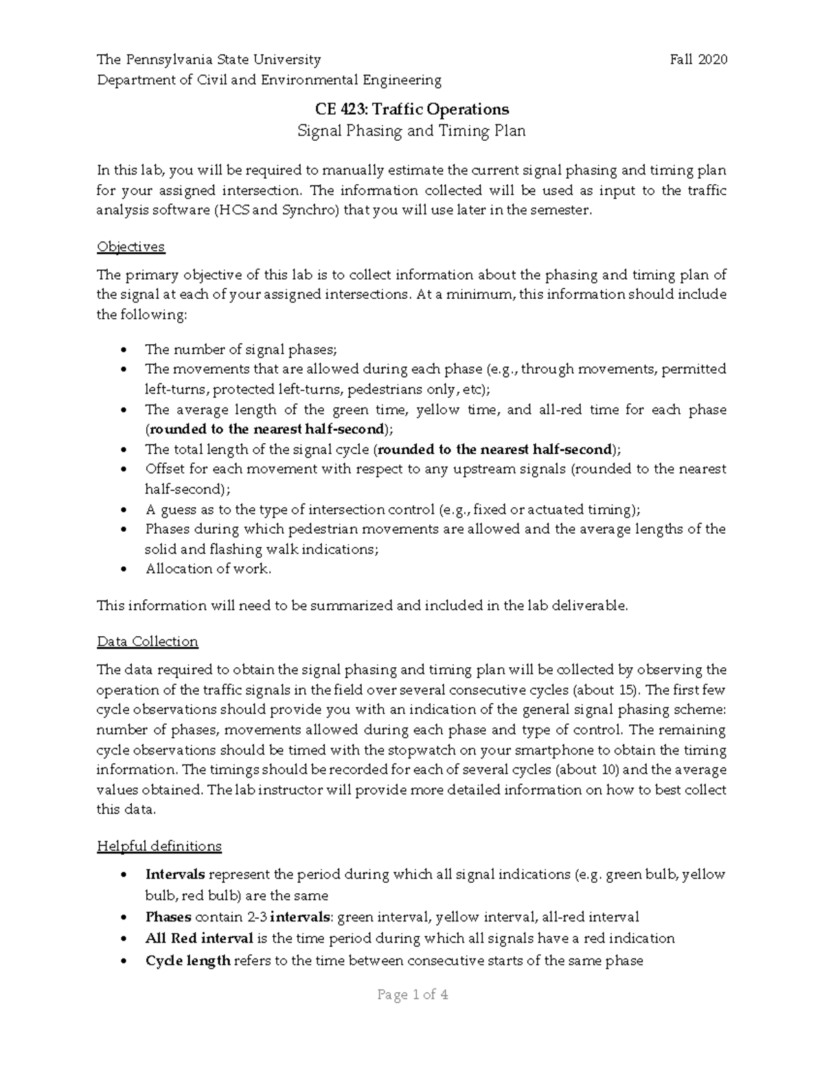 CE 423 - Lab 03 - Signal phasing and timing plan - The Pennsylvania ...