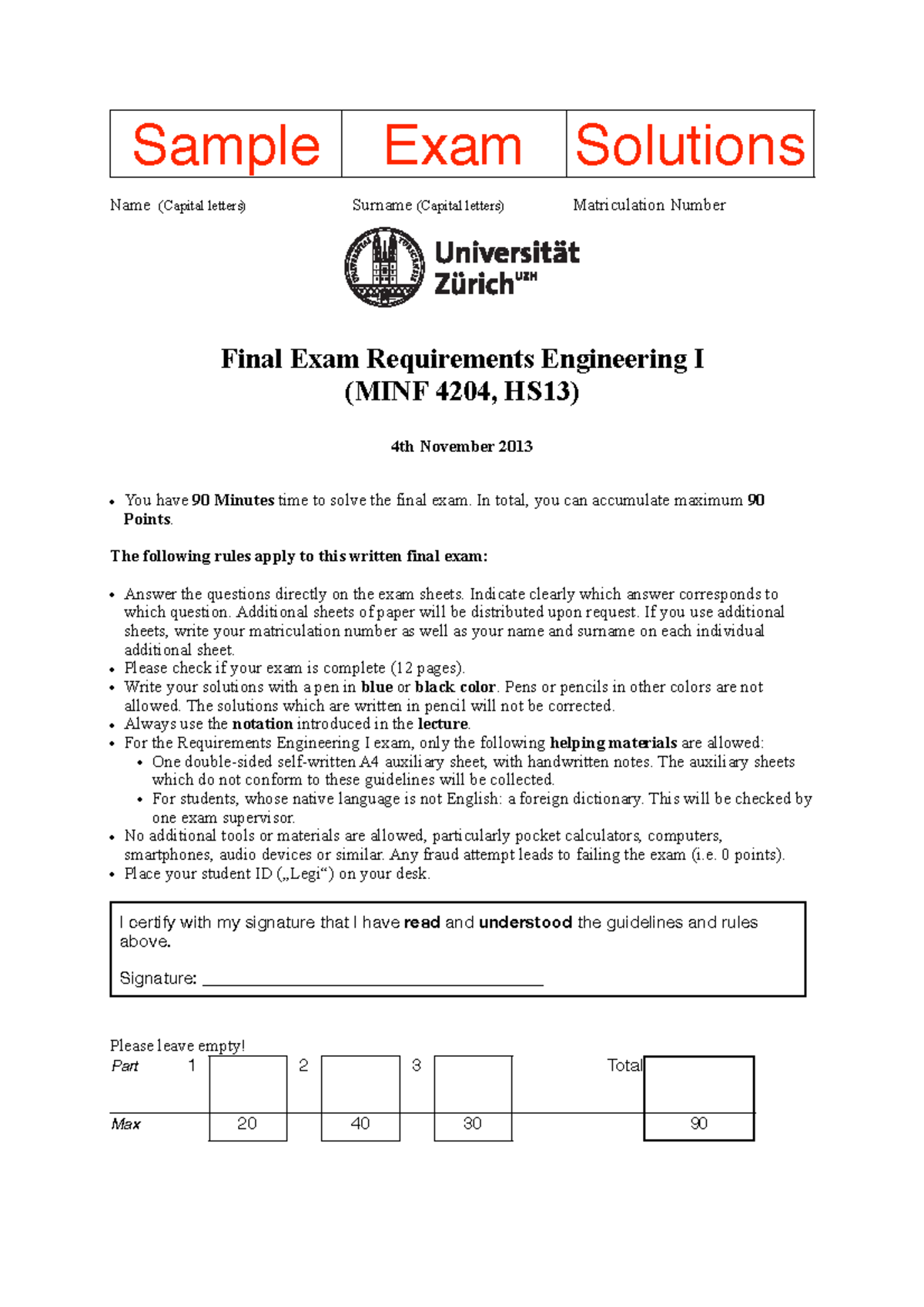 Sample Exam Solutions - Sample Name (Capital letters) Exam Solutions ...