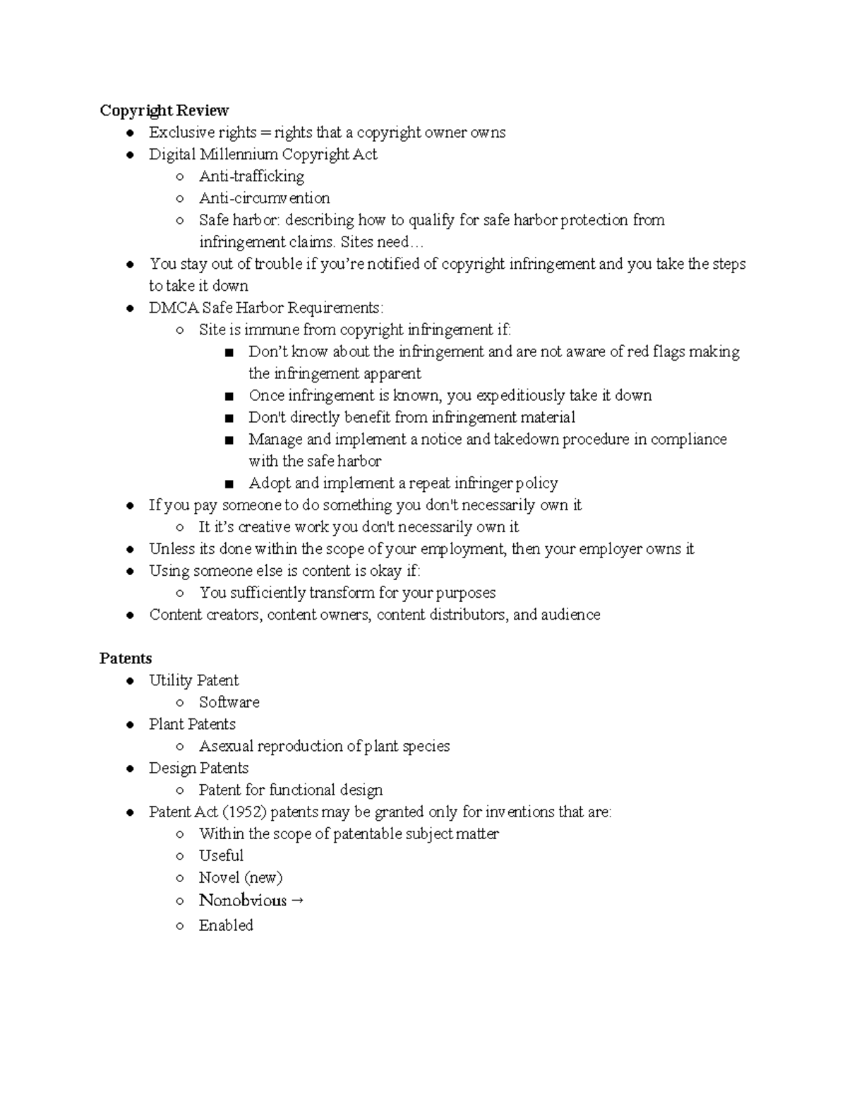 Patents Class Notes - Copyright Review Exclusive rights = rights that a ...