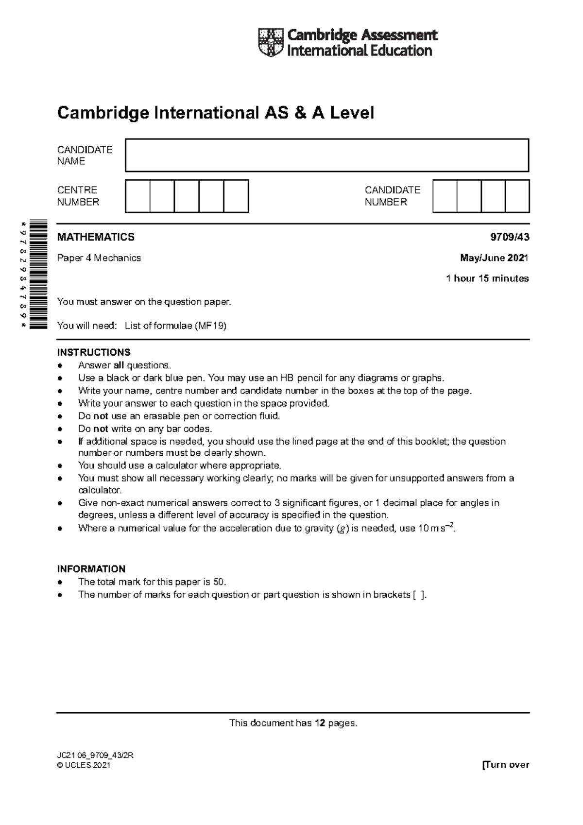 9709 S21 Qp 43 Mathematics A Level Past Year Paper Maths A Level