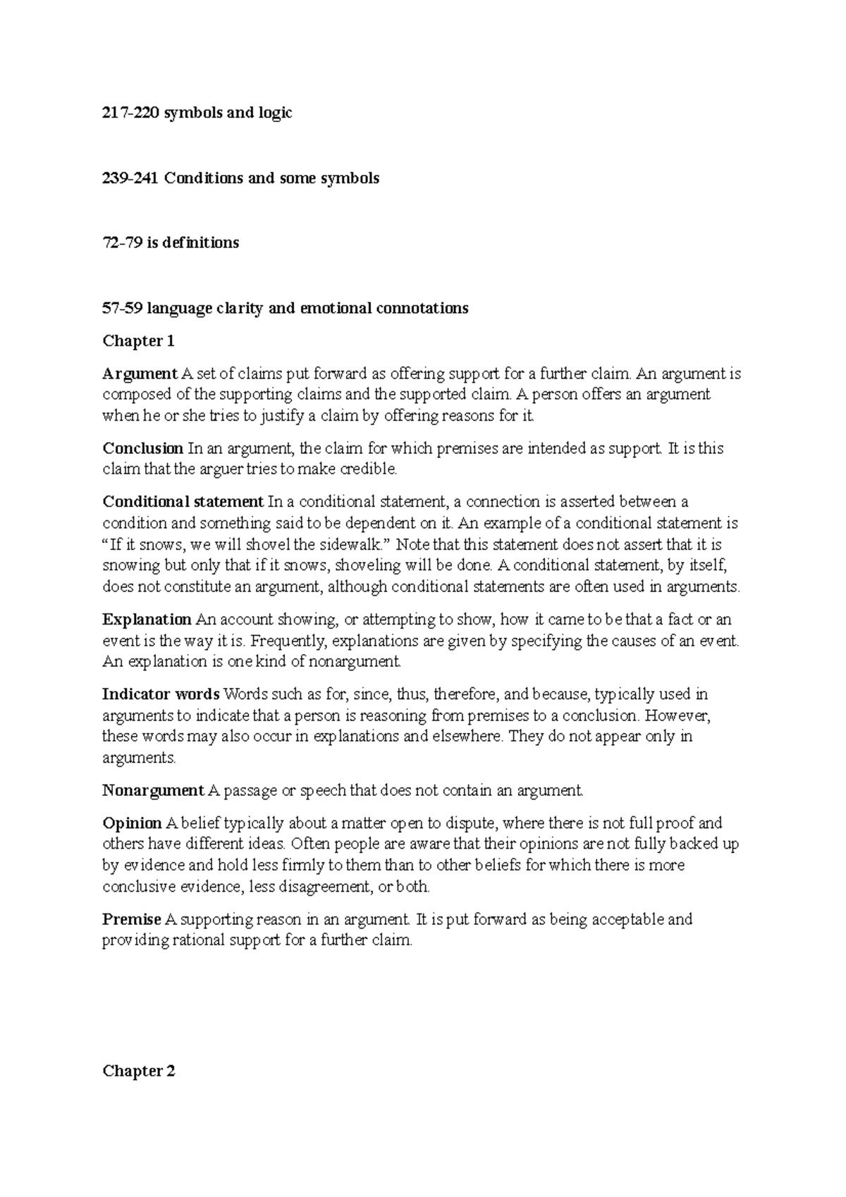 Definitions - defintions list for phil1002 - 217-220 symbols and logic 239-241 Conditions and ...