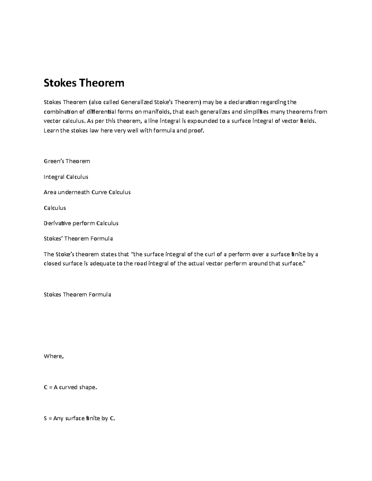 Stokes Theorem-note - Stokes Theorem Stokes Theorem (also called ...
