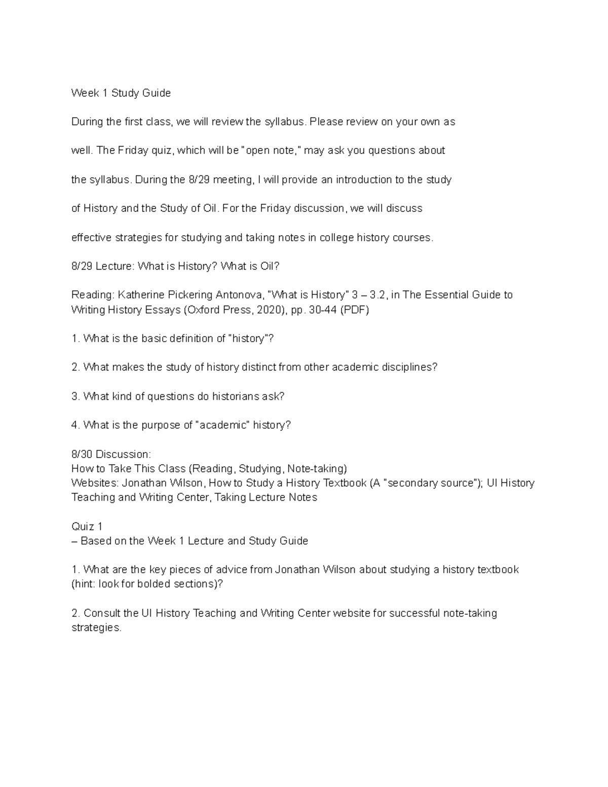 History of oil study guide - Week 1 Study Guide During the first class ...