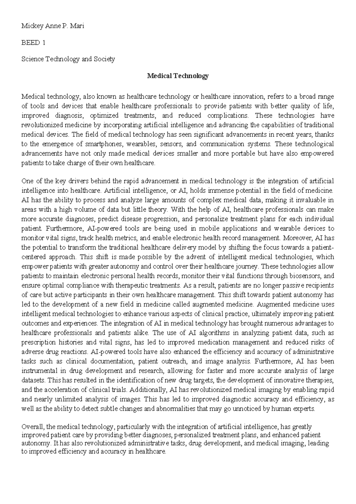 STS ACT - STS ACTIVITY - Mickey Anne P. Mari BEED 1 Science Technology ...