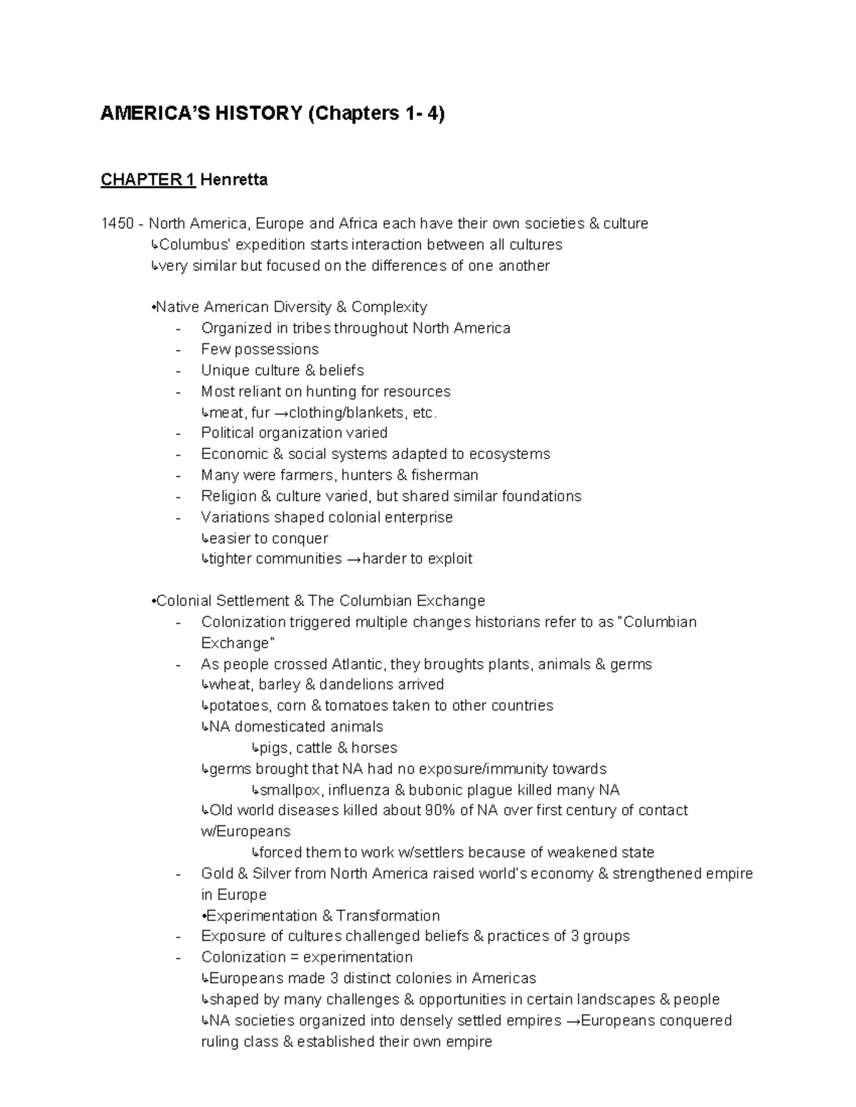 US History 1450-1760 - AMERICA’S HISTORY (Chapters 1- 4) CHAPTER 1 ...