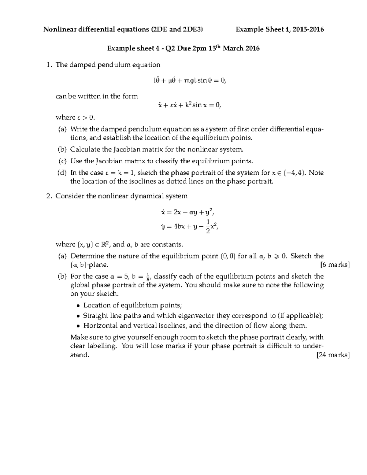 Example Sheet 04a - Nonlinear differential equations (2DE and 2DE3 ...