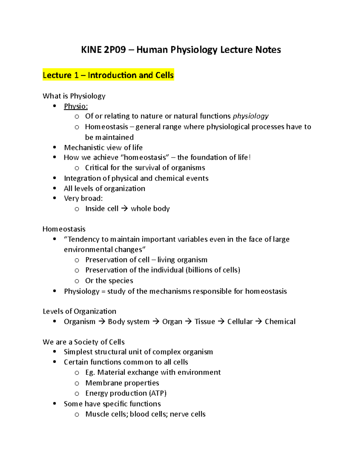 KINE 2P09 Human Physiology Lecture Notes - KINE 2P09 – Human Physiology ...