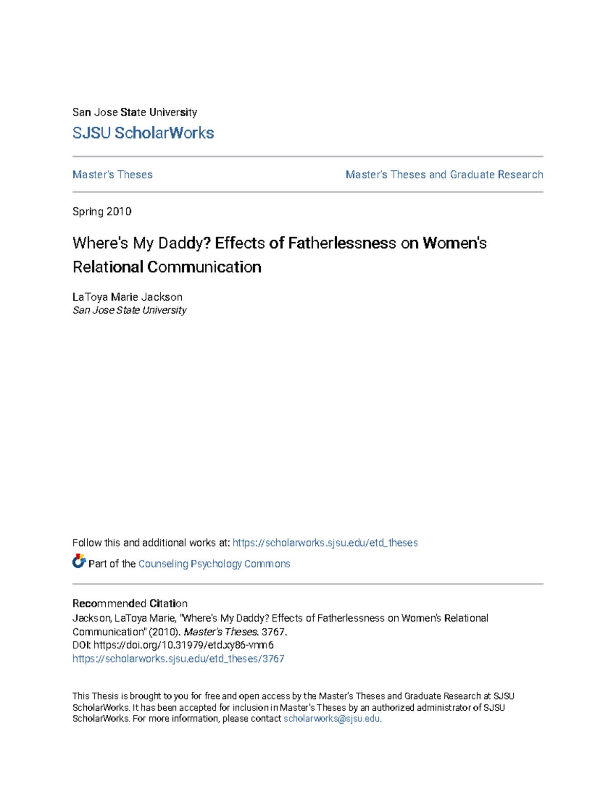 Wheres My Daddy Effects of Fatherlessness on Womens Relational - San ...