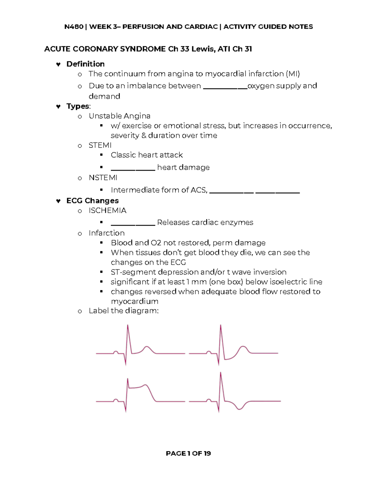 Week 3 Cardiac guided worksheet - ACUTE CORONARY SYNDROME Ch 33 Lewis ...