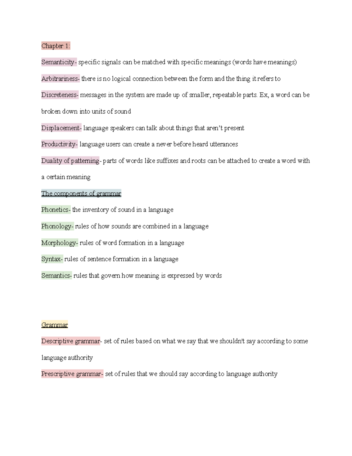 Linguistics midterm notes/study guide - Chapter 1: Semanticity ...