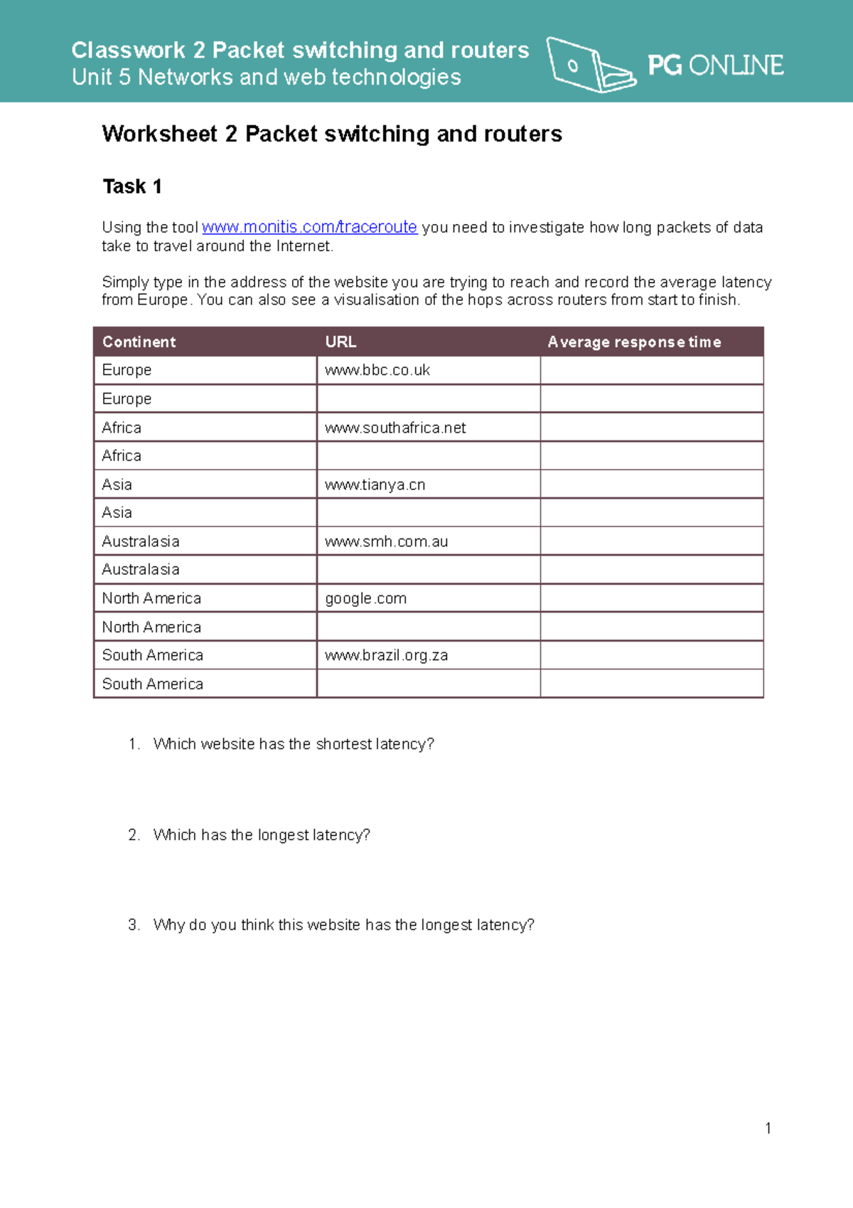 Networks Worksheet 2 Internet communication Part 1 - Worksheet 2 Packet ...