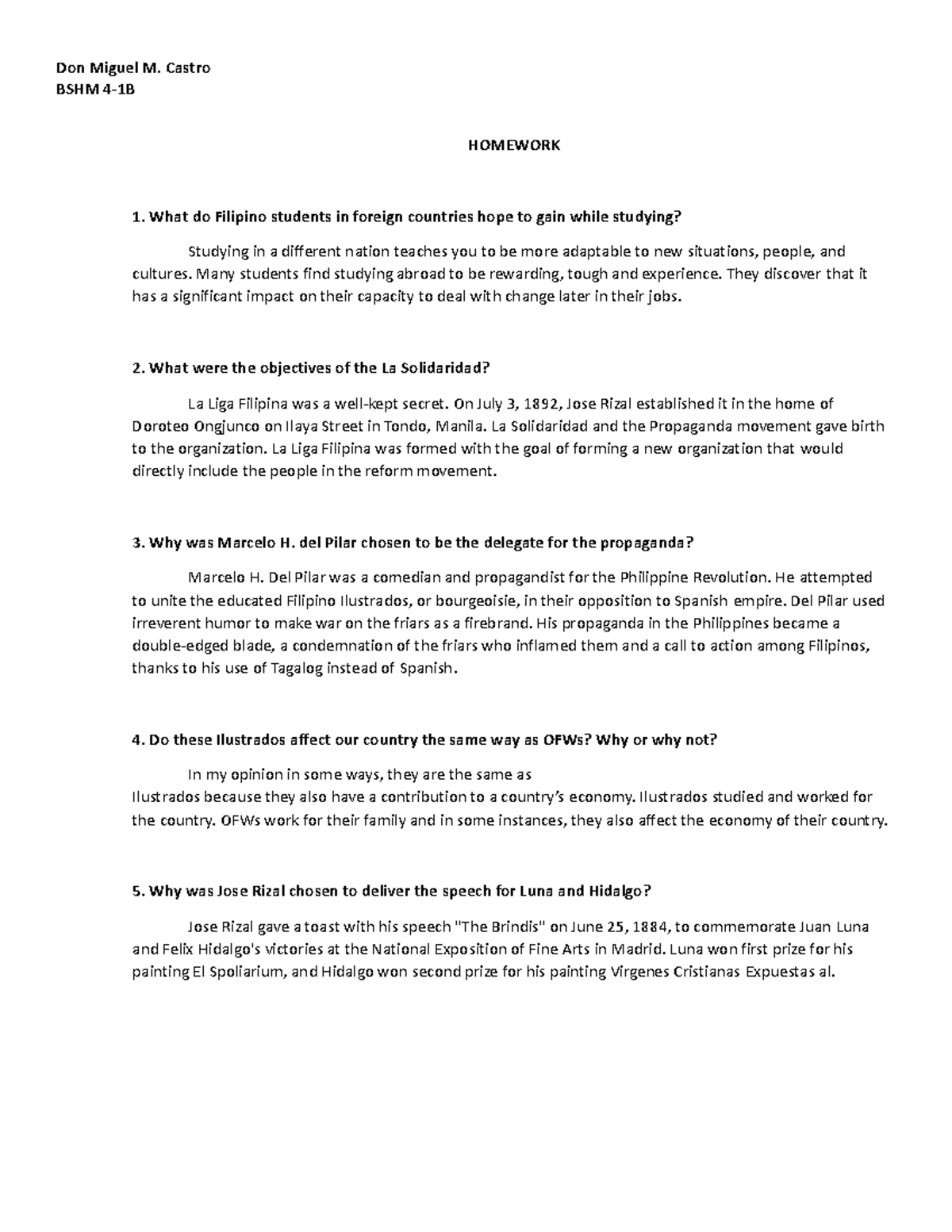 Castro ( Rizal Homework) - Don Miguel M. Castro BSHM 4-1B HOMEWORK What ...