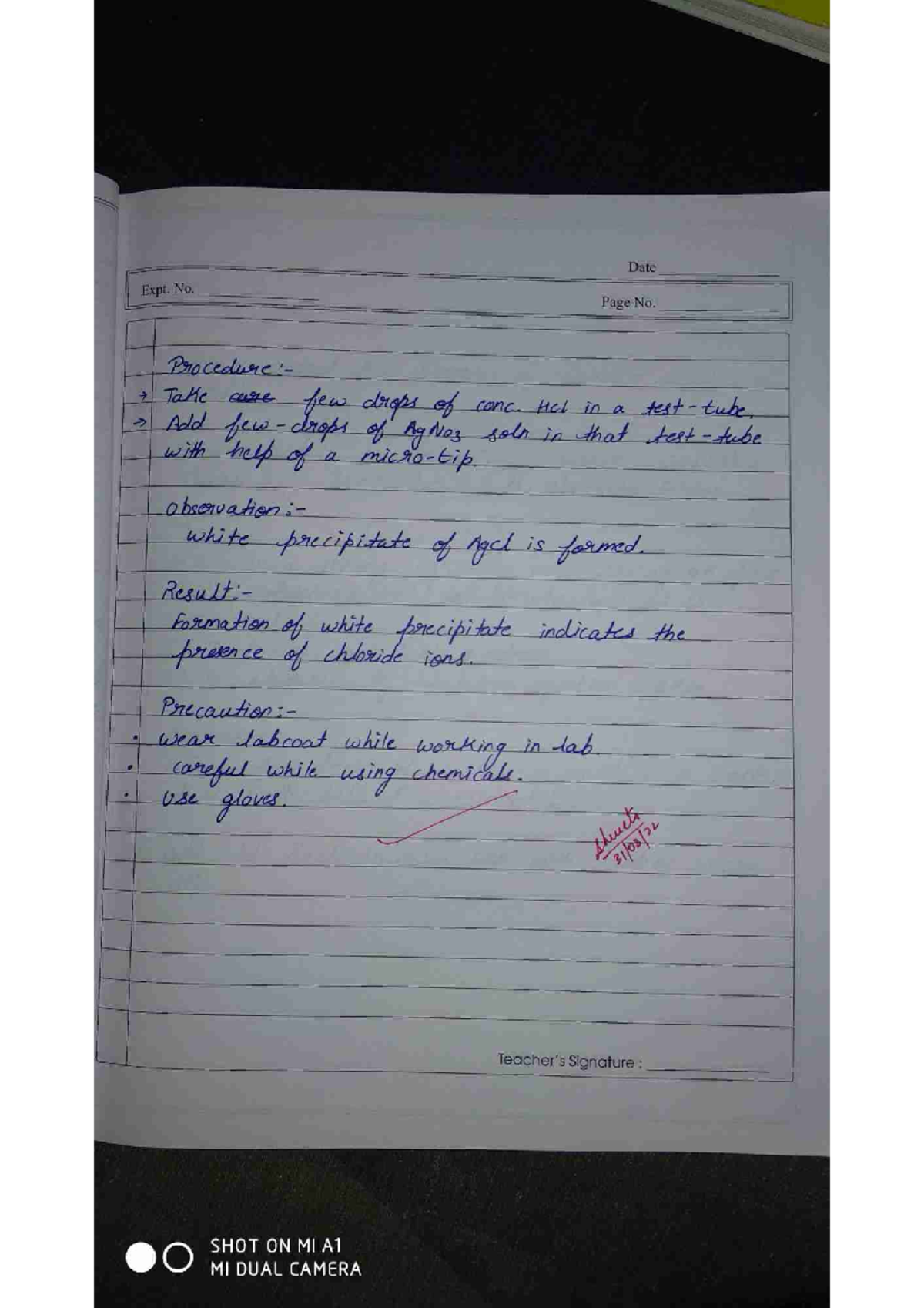 File - Date Expt. No. Page No. Take cure few drops of conc. Hcl in a ...