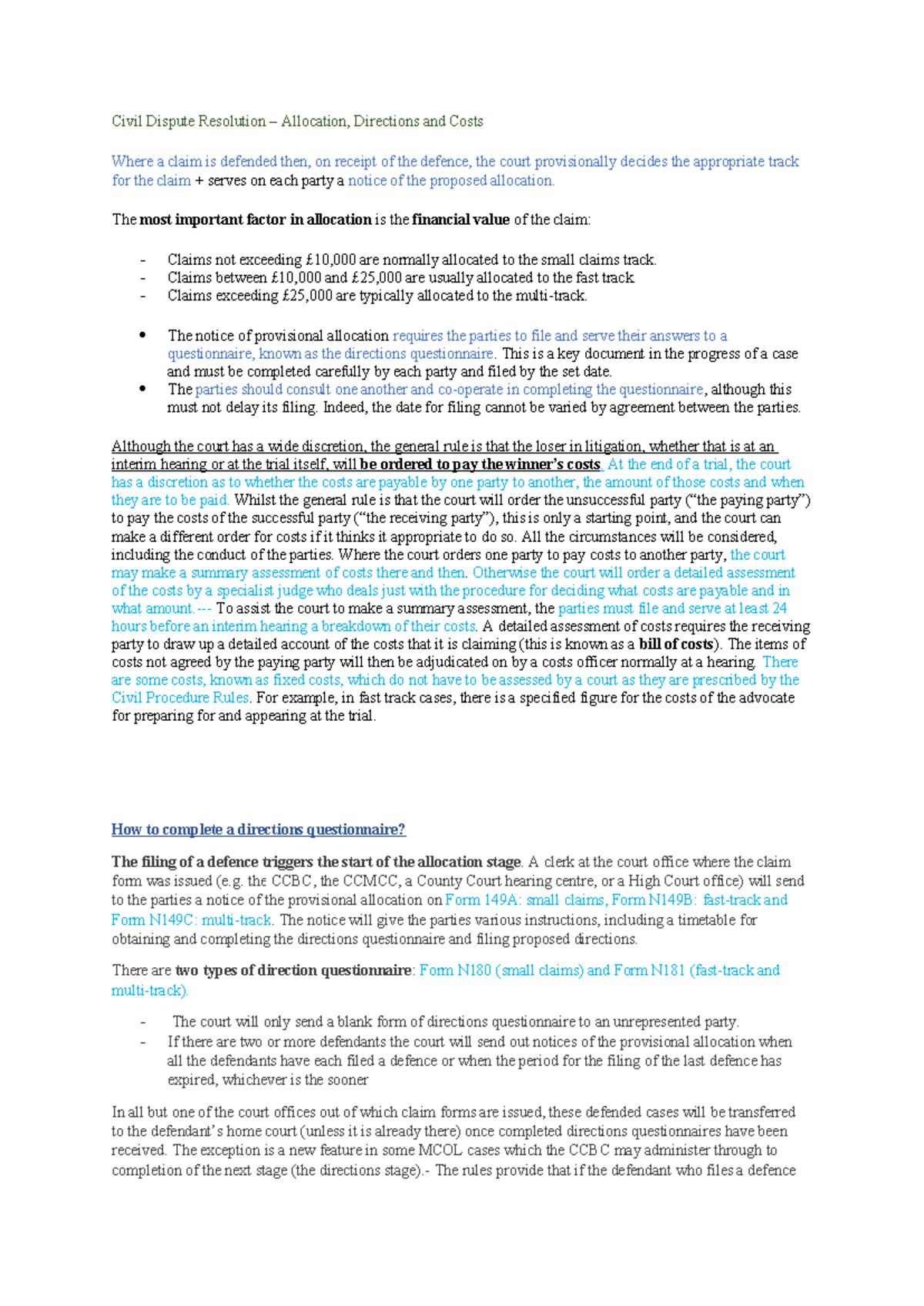 Civil Dispute Resolution – Allocation, Directions and Costs - The most ...