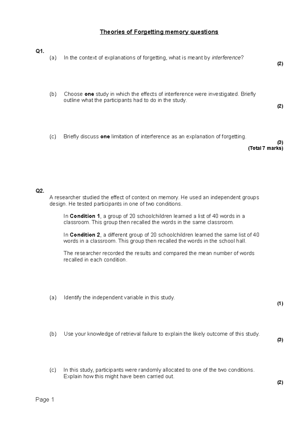 Forgetting-memory-questions - Theories of Forgetting memory questions ...