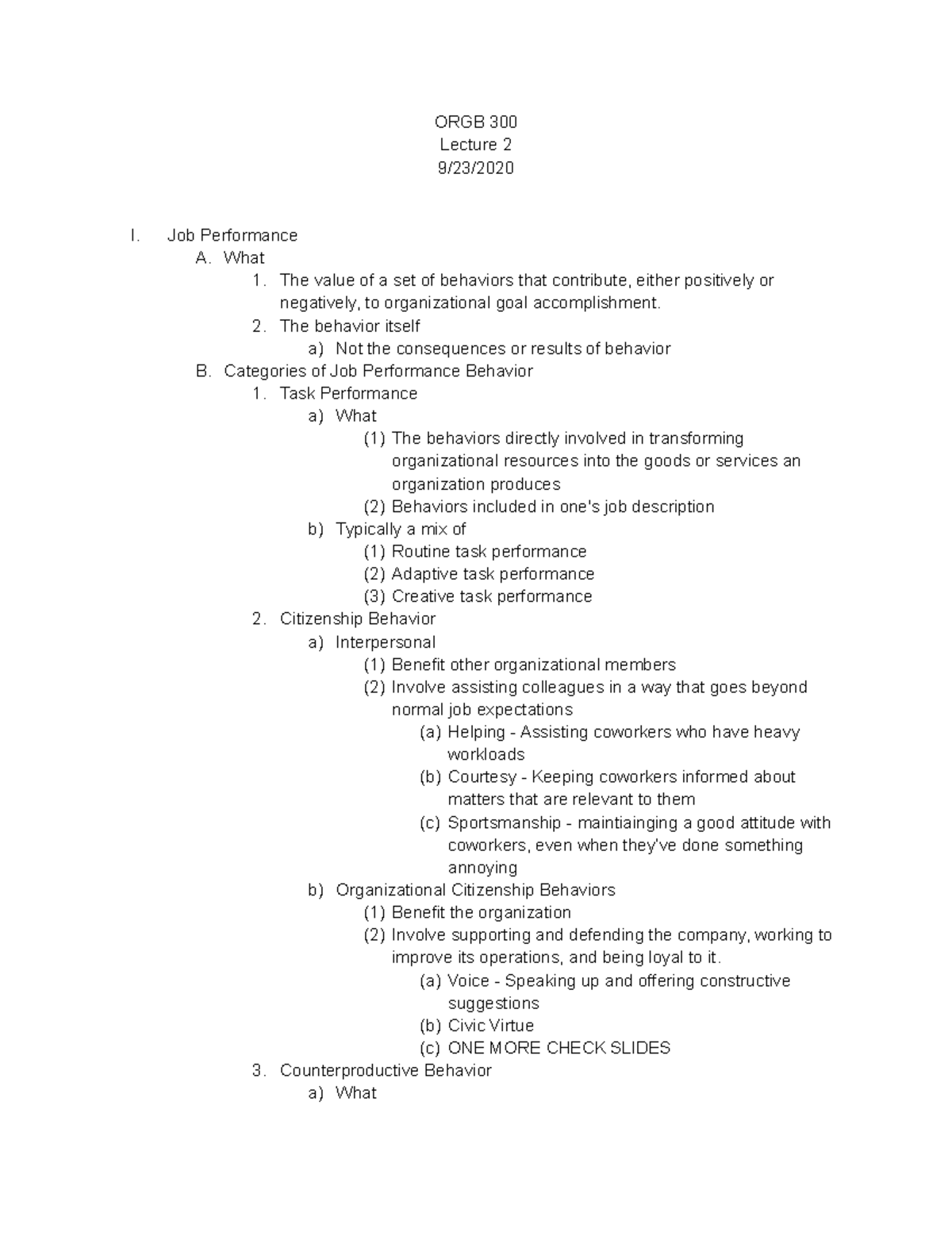 Lecture 2 - Intro to OB - ORGB 300 Lecture 2 9/23/ I. Job Performance A ...