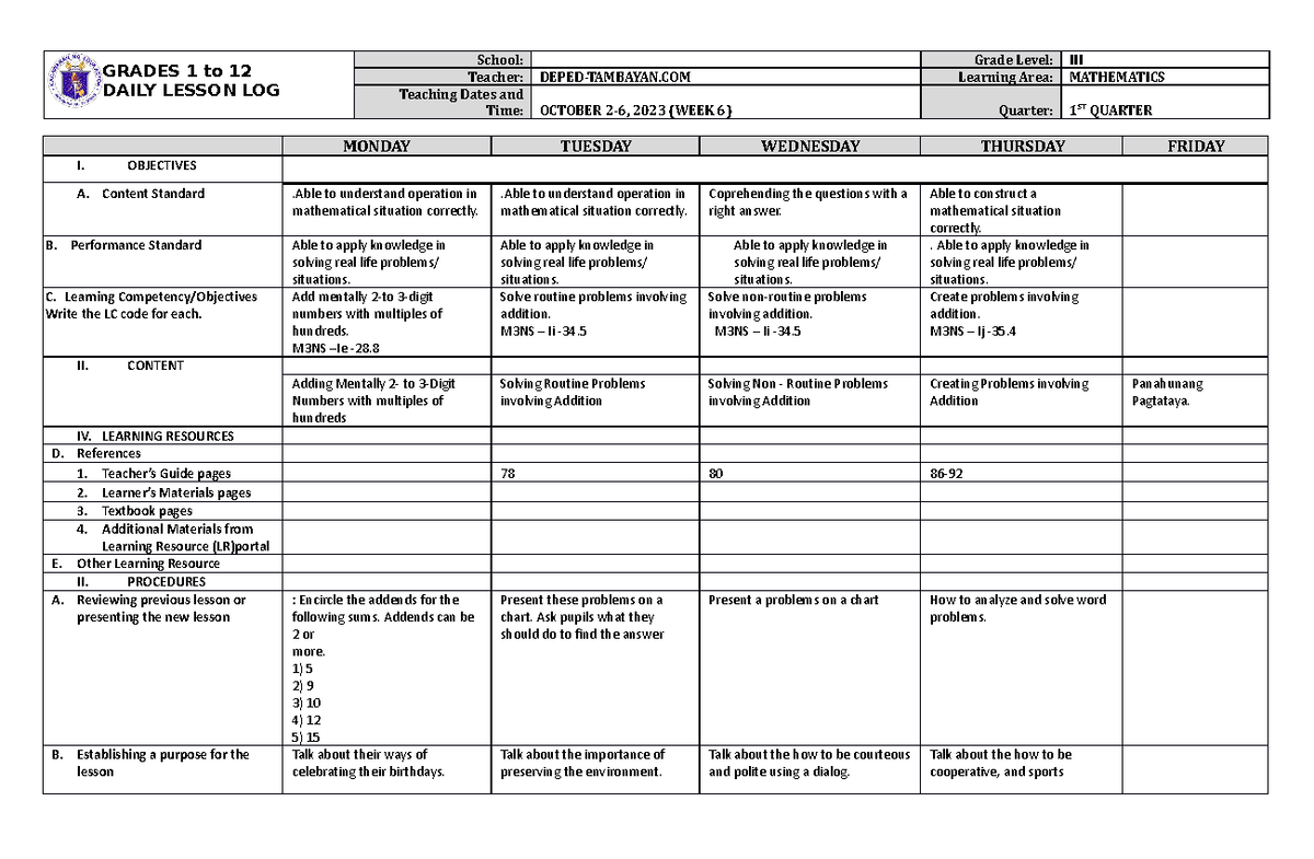 DLL Mathematics 3 Q1 W6 - Math DLL - GRADES 1 to 12 DAILY LESSON LOG ...