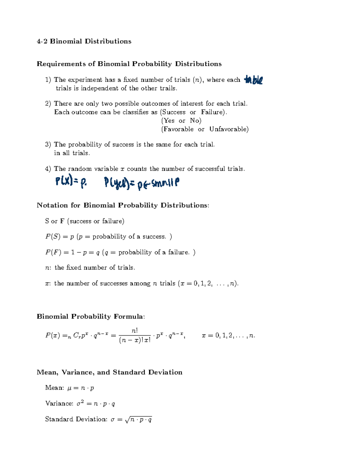 4-2 binomial distributions - 4-2 Binomial Distributions Requirements of Binomial Probability ...