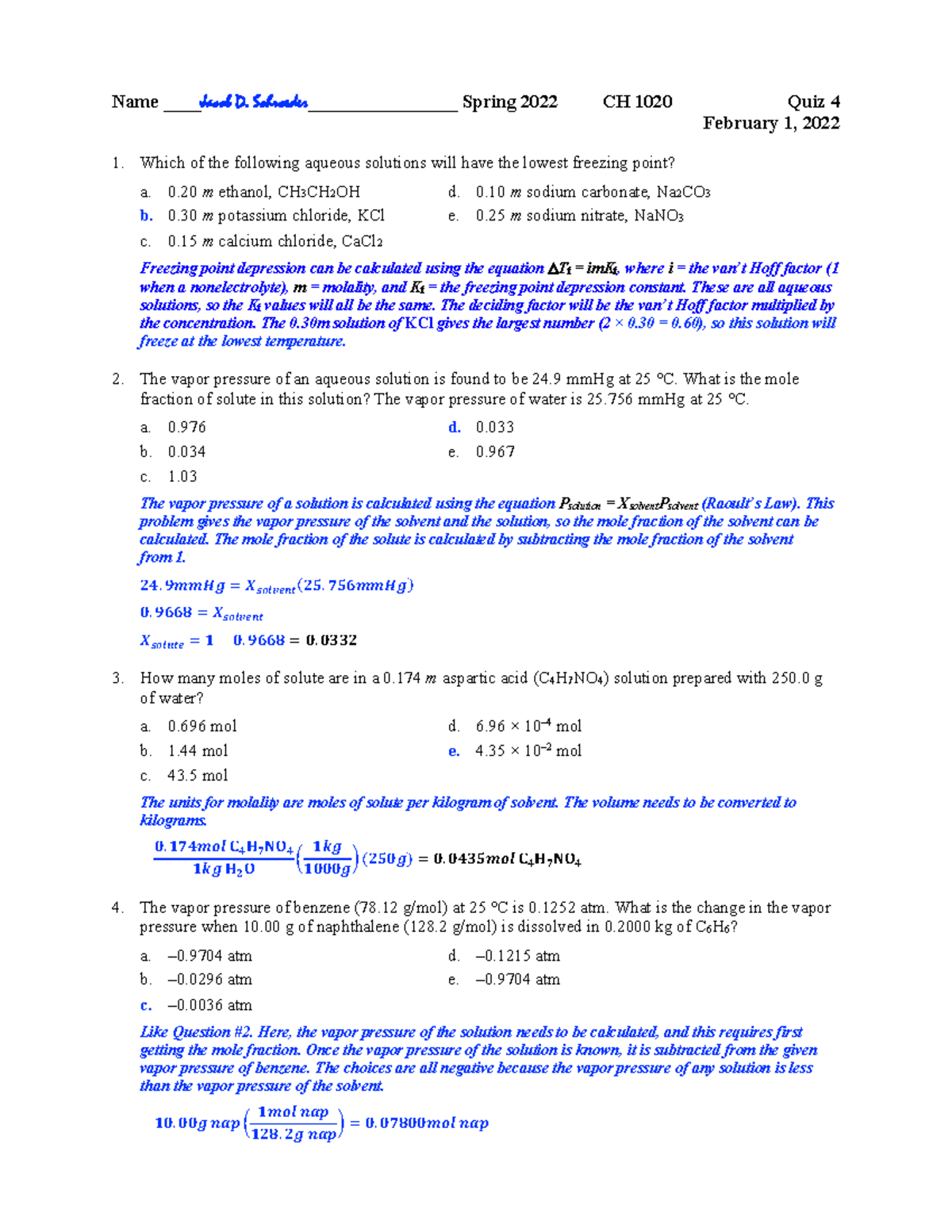 Sp22 CH1020 Quiz 4 Key - This is the Spring 2022 CH 1020 Quiz 4 Key - Name Jacob D. - Studocu