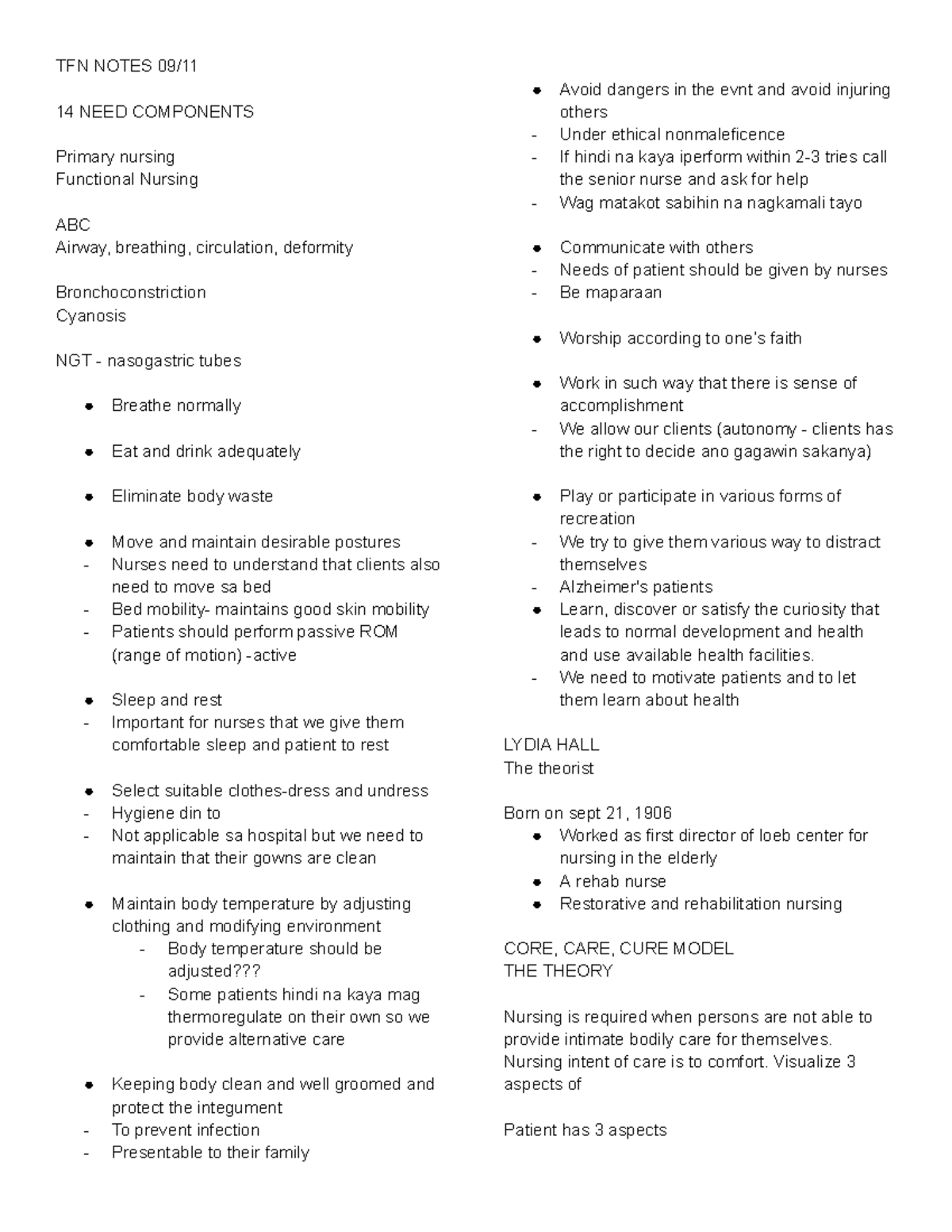 TFN Notes - anaphy - TFN NOTES 09/ 14 NEED COMPONENTS Primary nursing ...