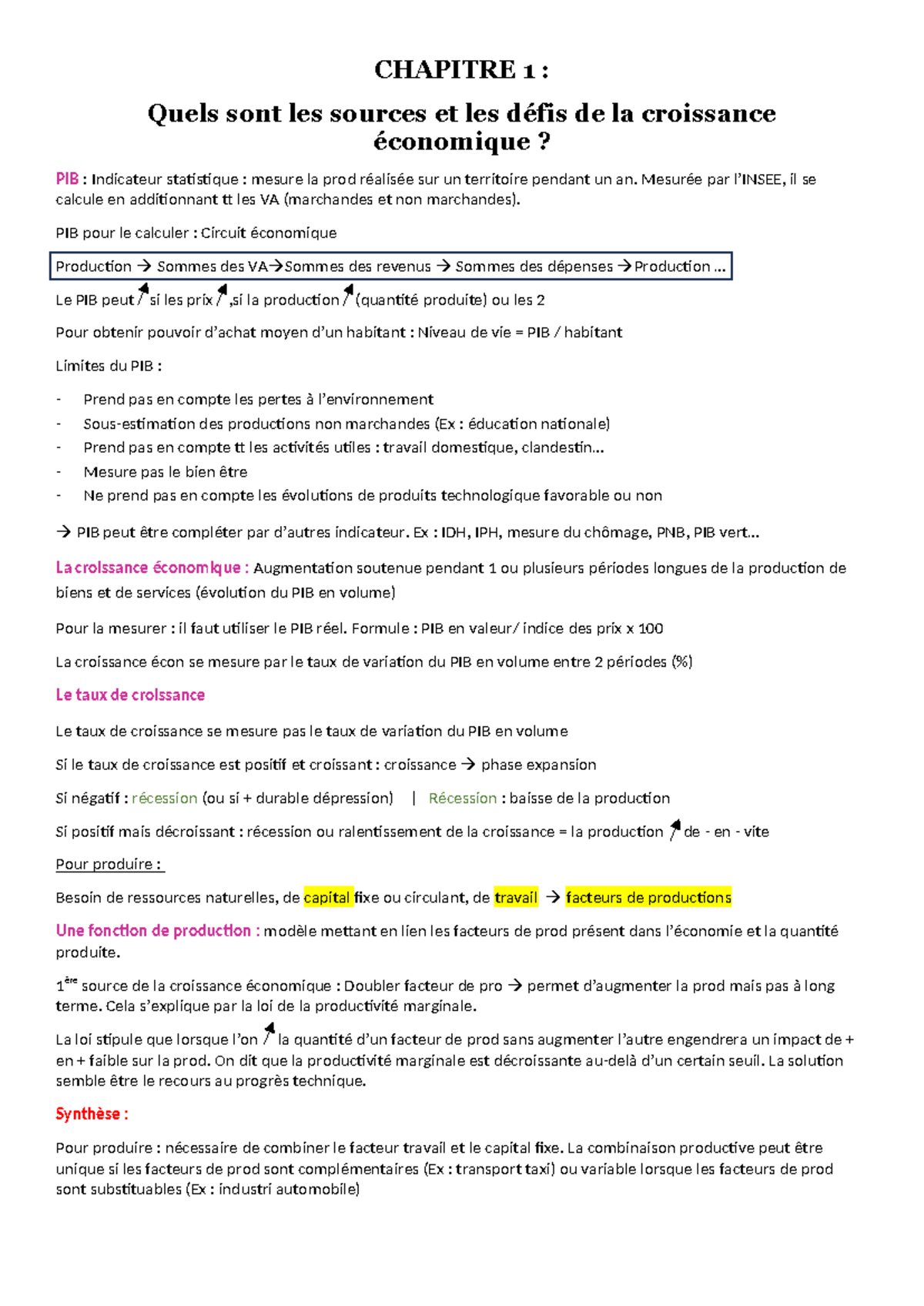 Fiche de révision - CHAPITRE 1 : Quels sont les sources et les défis de la croissance économique ...