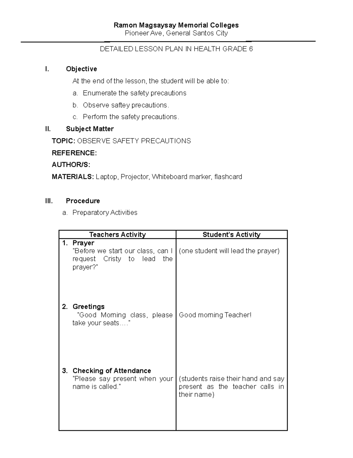Lesson Plan in PE - Ramon Magsaysay Memorial Colleges Pioneer Ave ...