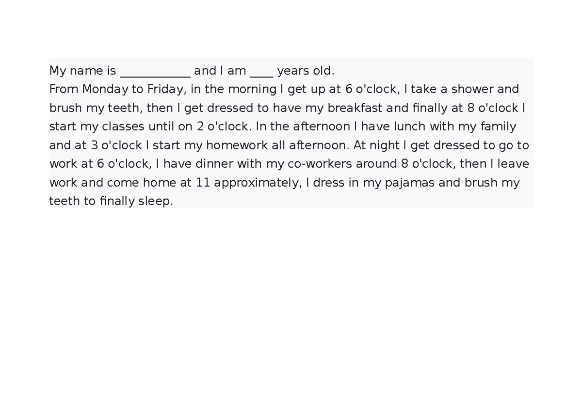 Presentación Week 1 - texto de rutina diaria de la primera semana de ...