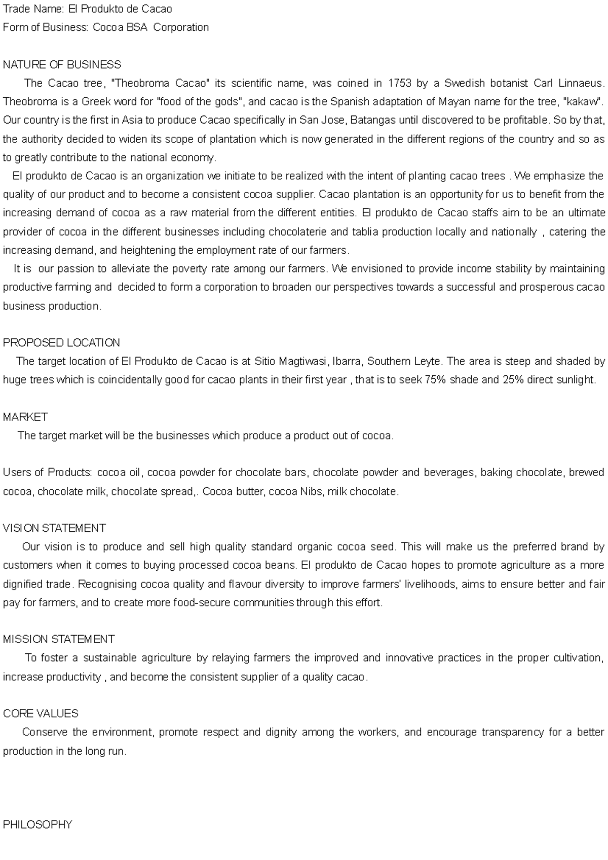 Business-Proposal - Proposal - Trade Name: El Produkto de Cacao Form of ...