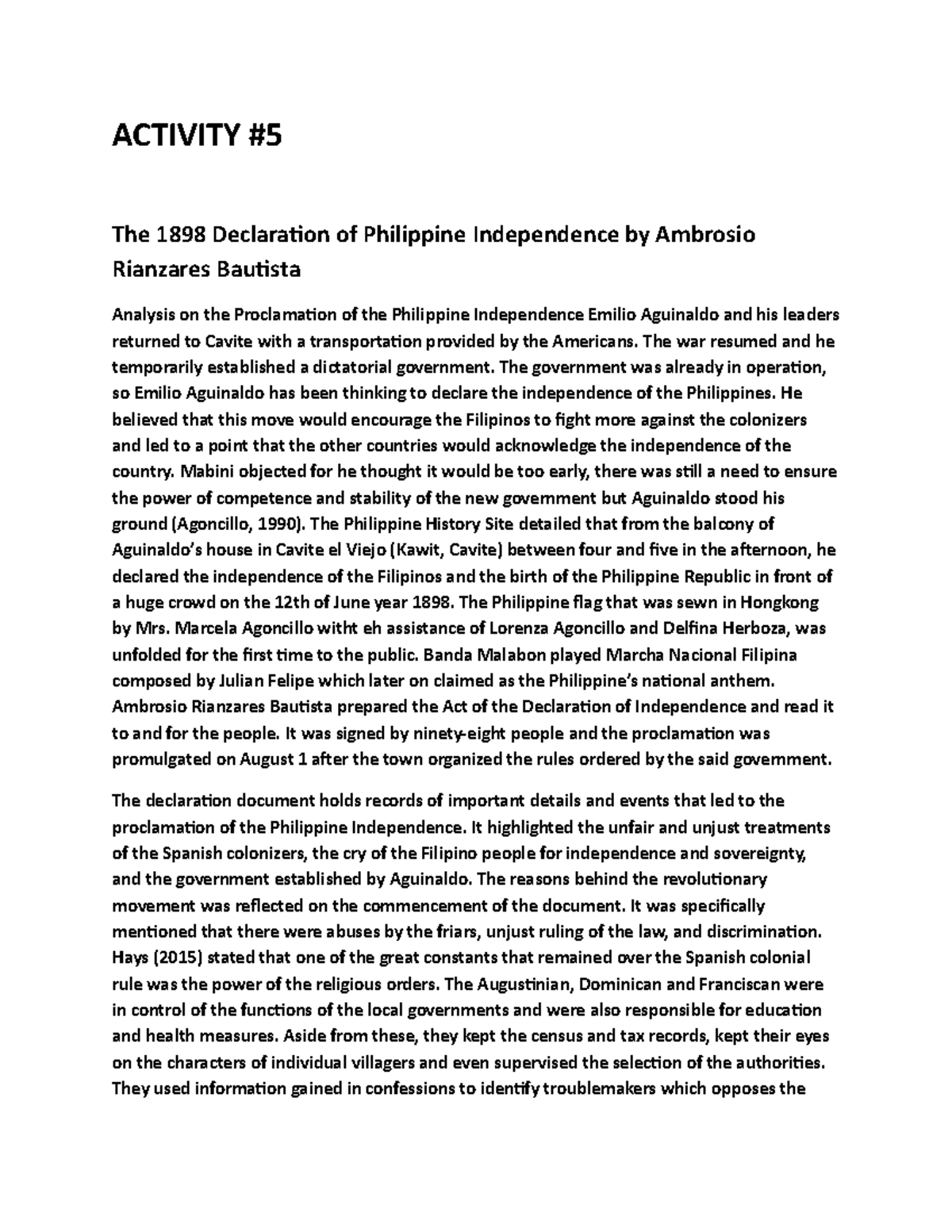RIPH ACT 5 - The 1898 Declaration of Philippine Independence by ...
