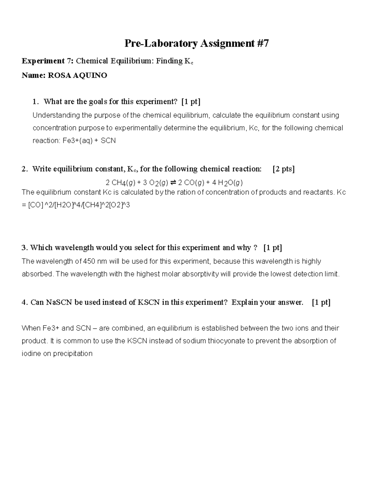 Pre-Lab 7 Chemical equilibrium finding a constant Kc - Pre-Laboratory ...
