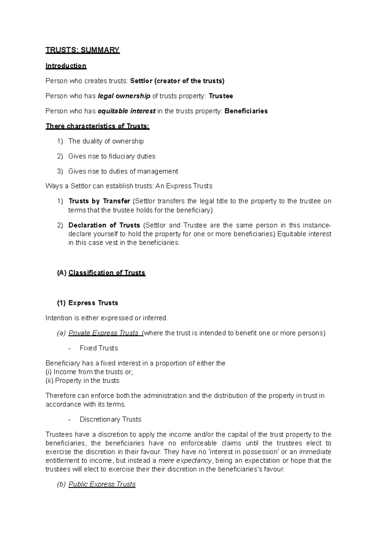 Trusts-summary - TRUSTS: SUMMARY Introduction Person who creates trusts ...