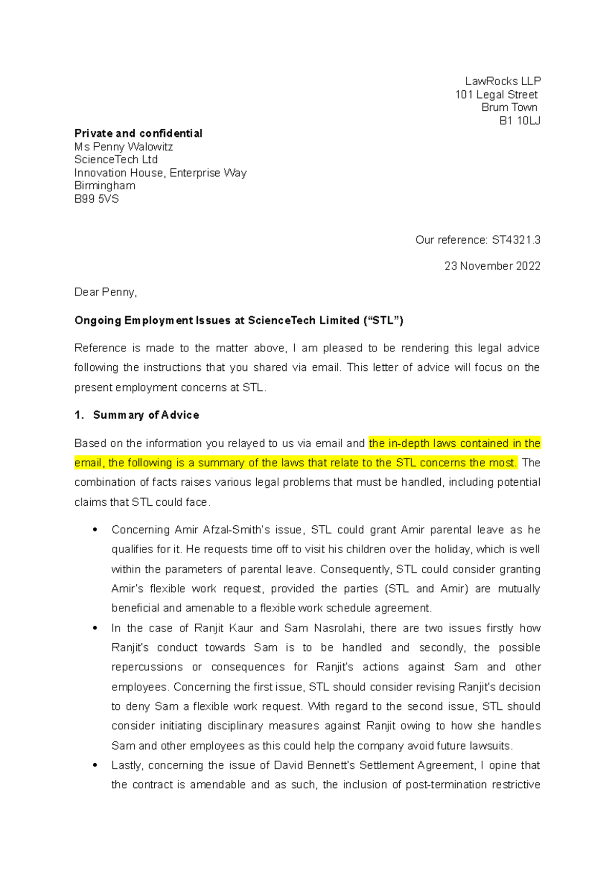 Letter of Advice - LawRocks LLP 101 Legal Street Brum Town B1 10LJ ...