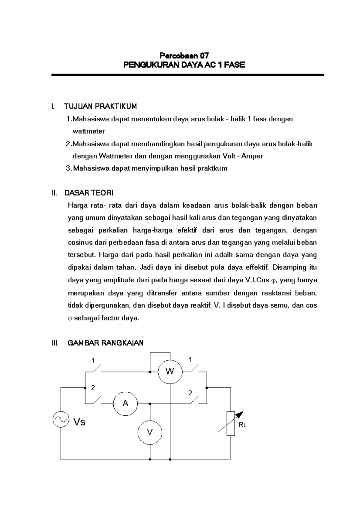 Job 07 pengukuran daya AC 1 fasa 6 - Percobaan 07 PENGUKURAN DAYA AC 1 ...