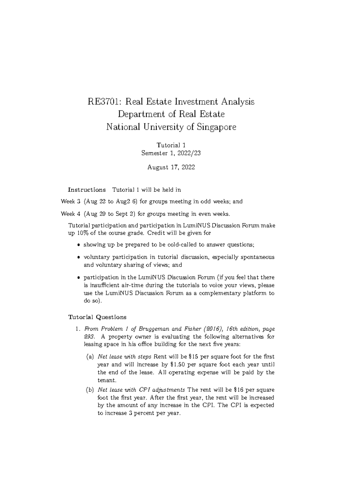 Tutorial 1 - RE3701: Real Estate Investment Analysis Department of Real ...