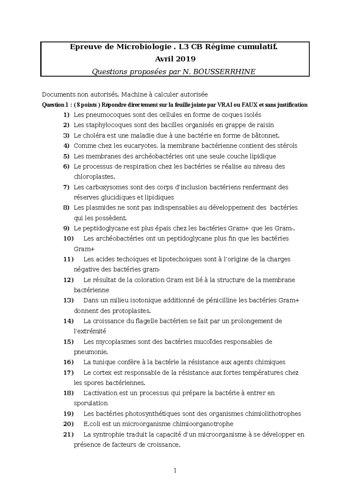 Examen de Microbiologie L3 Cumulatifs Avril 2019 . Régime Cumulatif - Epreuve de Microbiologie ...