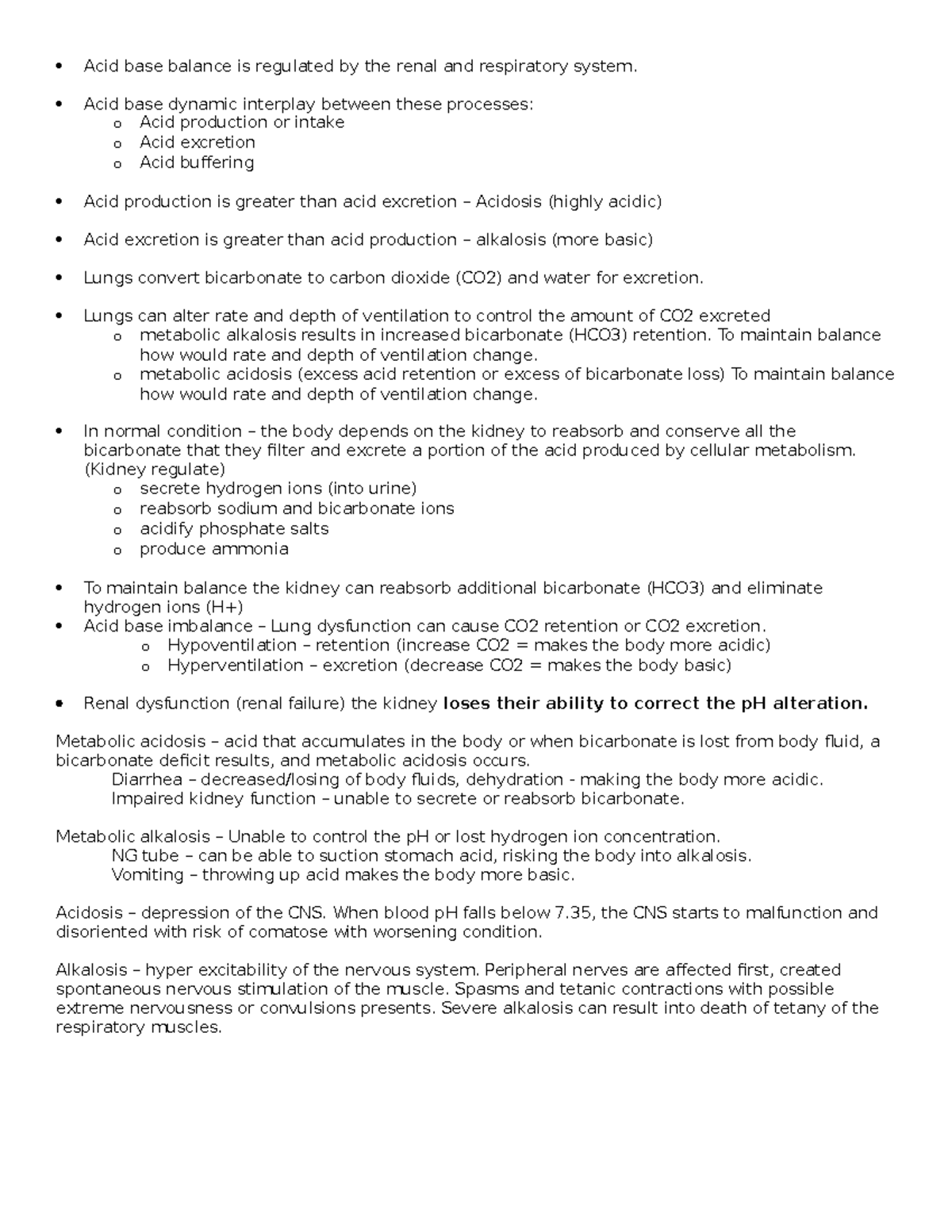 ABG-lab - ABG notes - Acid base balance is regulated by the renal and ...