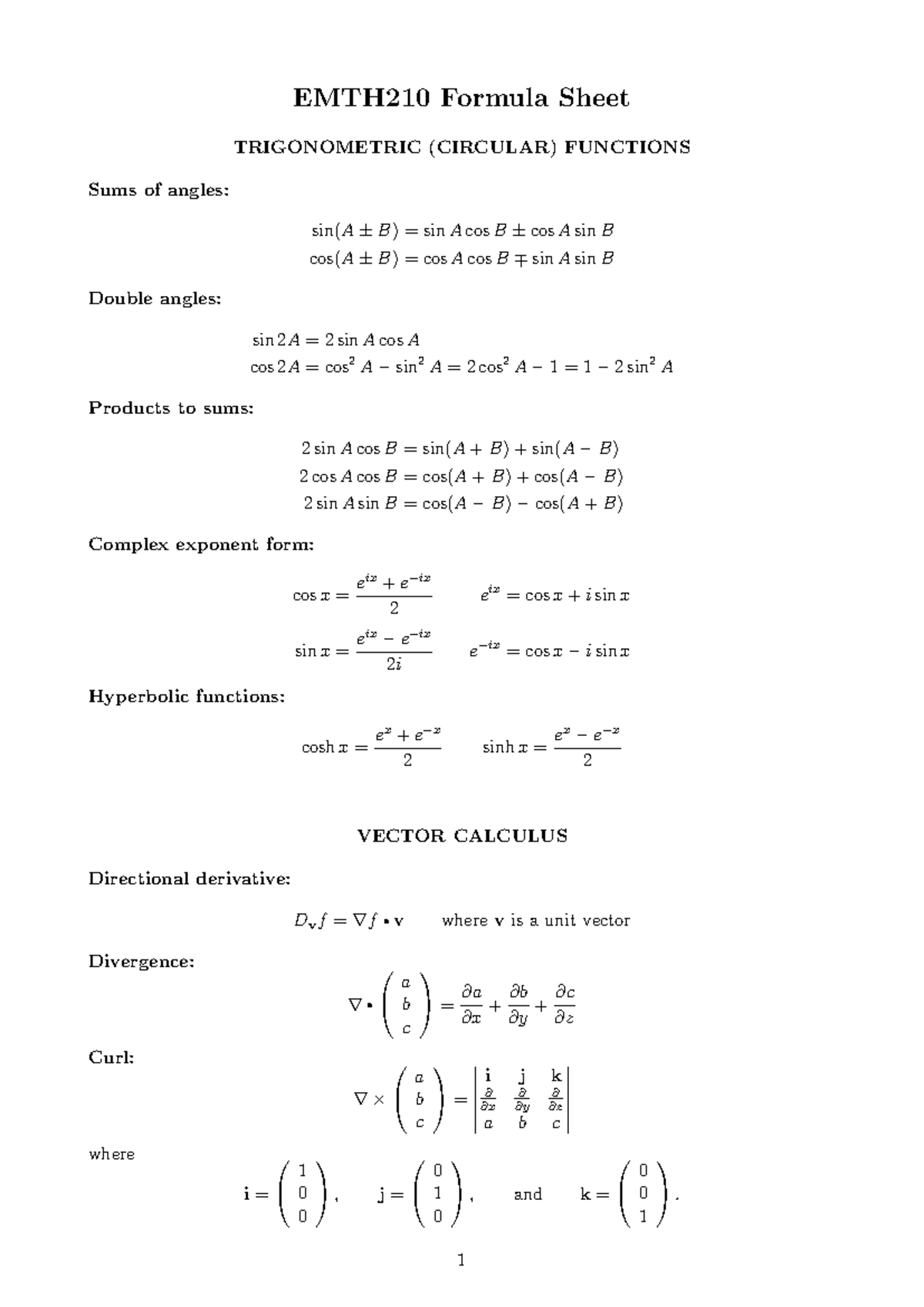 EMTH210 Exam Formula Sheet - EMTH210 Formula Sheet TRIGONOMETRIC ...