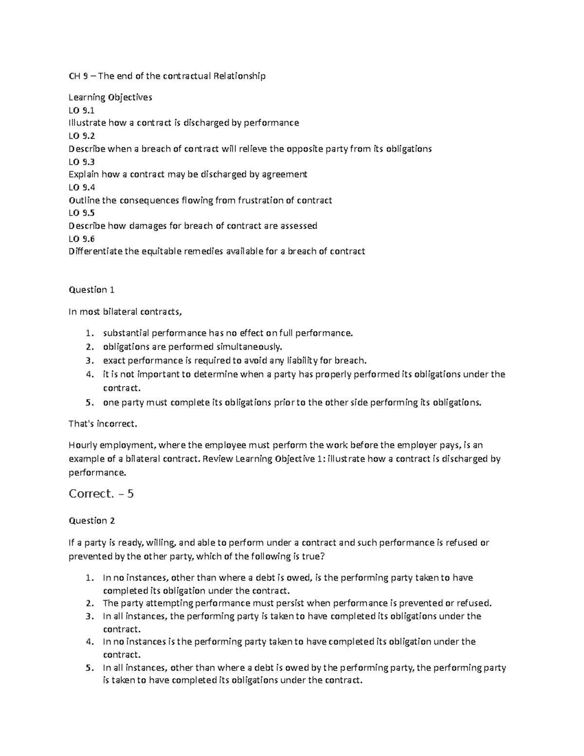 CH 9 - Chapter 9 MCQS - CH 9 – The end of the contractual Relationship Learning Objectives LO 9 ...
