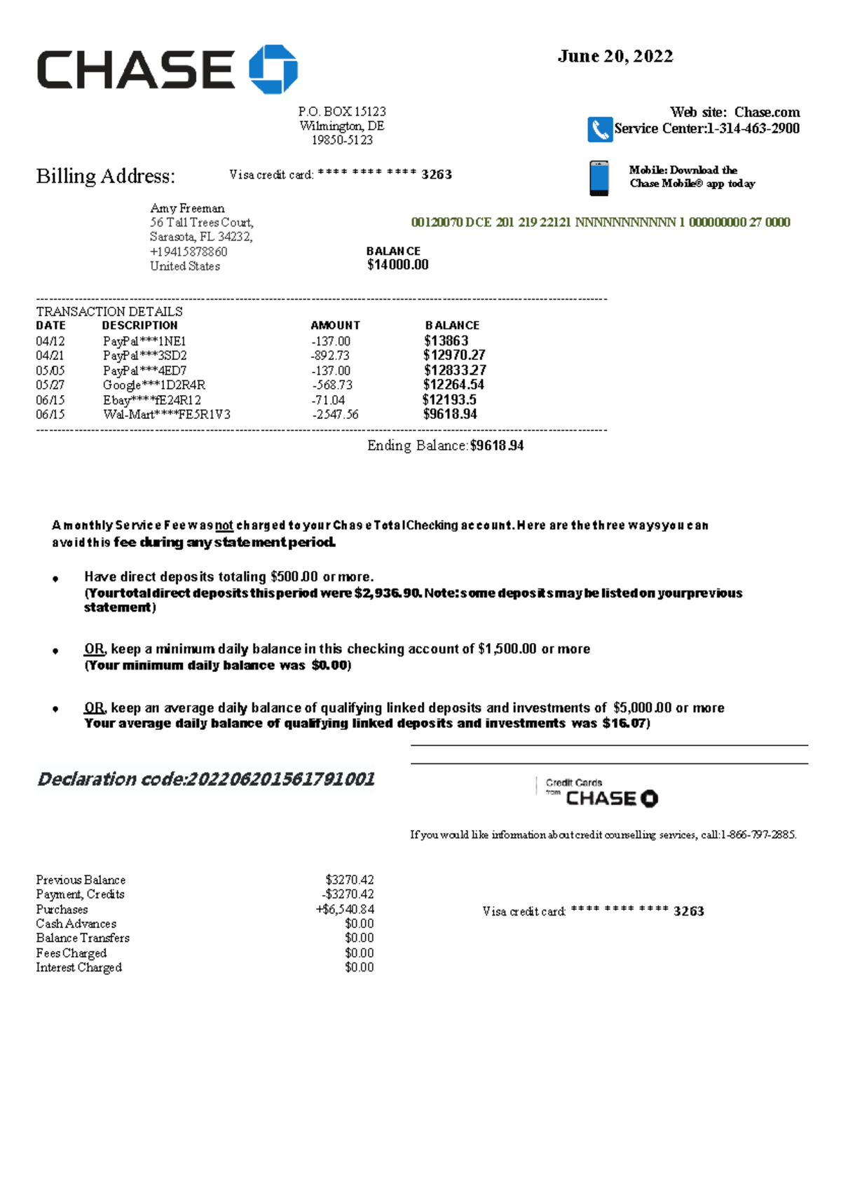 Chase credit card statement 222 - June 20, 2022 Web site: Chase Service ...