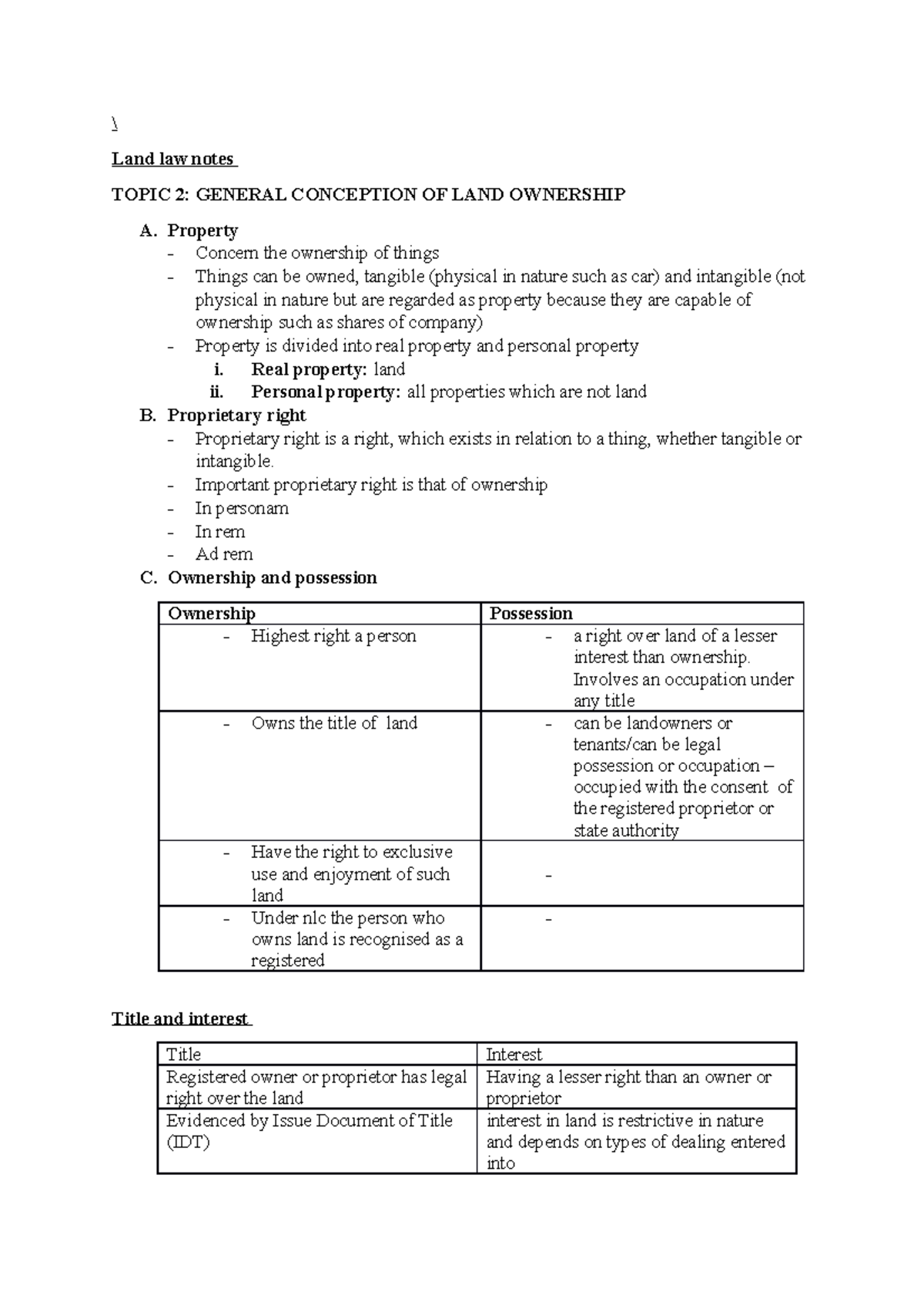 Land Law i notes - \ Land law notes TOPIC 2: GENERAL CONCEPTION OF LAND ...