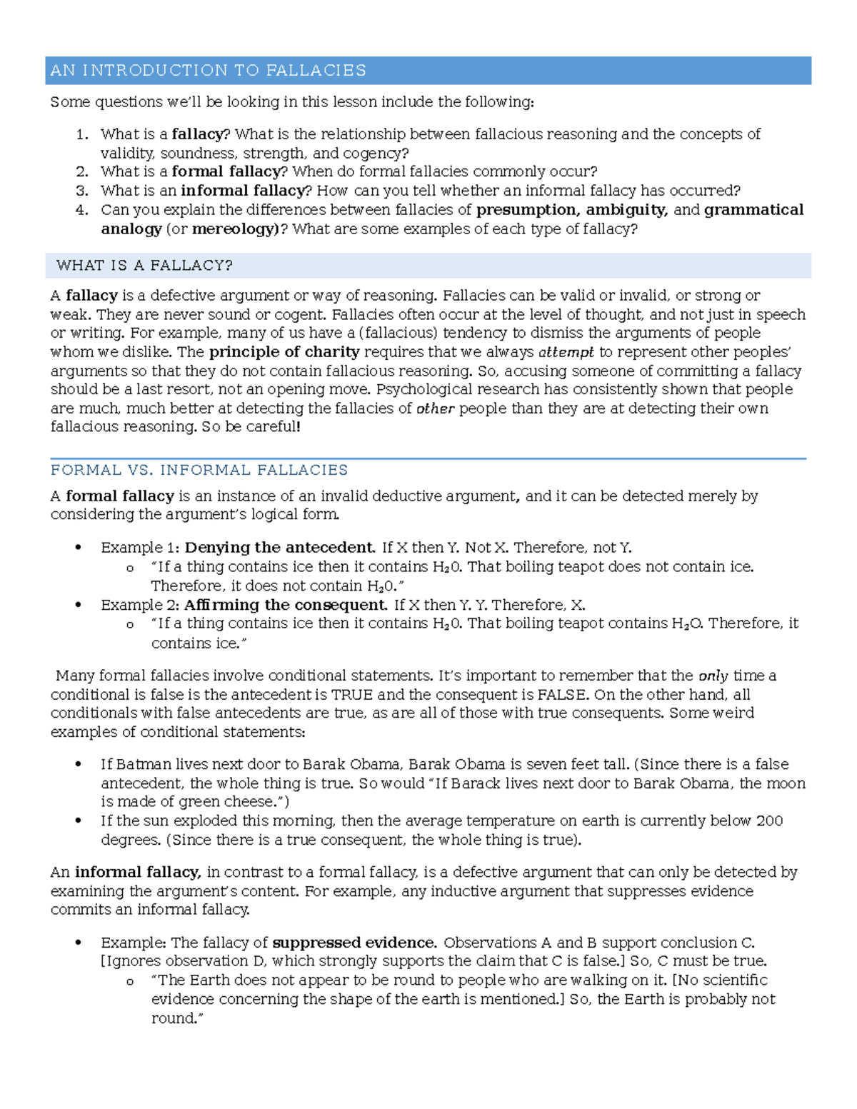 Logic 06 Intro Fallacies - AN INTRODUCTION TO FALLACIES Some questions ...