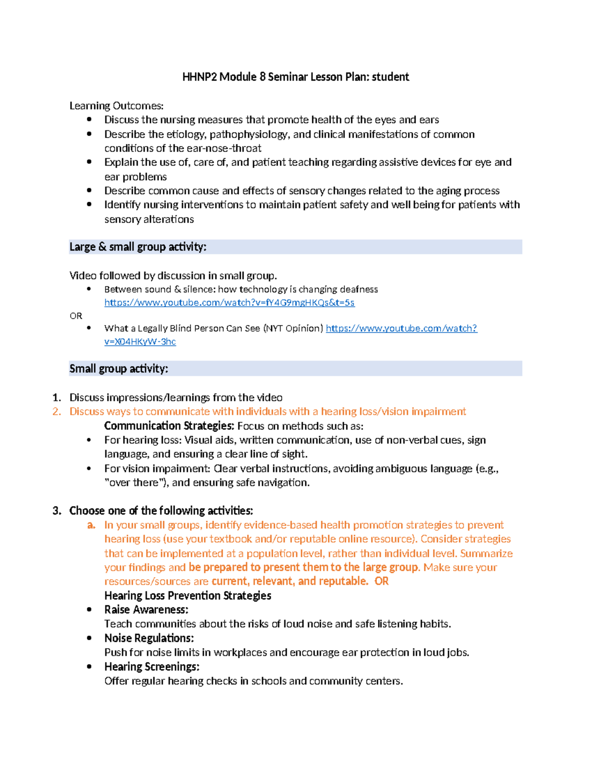 Module 8 Seminar Lesson Plan Student - HHNP2 Module 8 Seminar Lesson ...