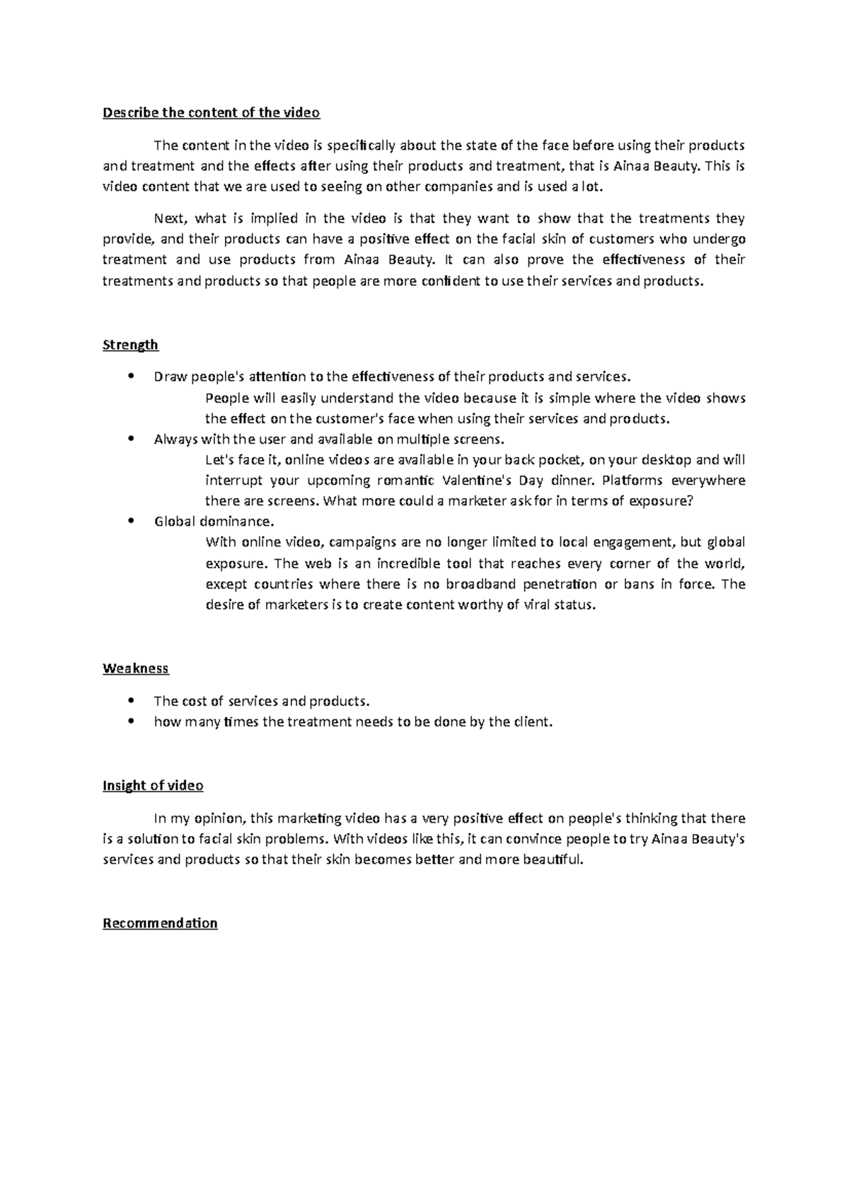 Assignment 1 - Describe the content of the video The content in the ...