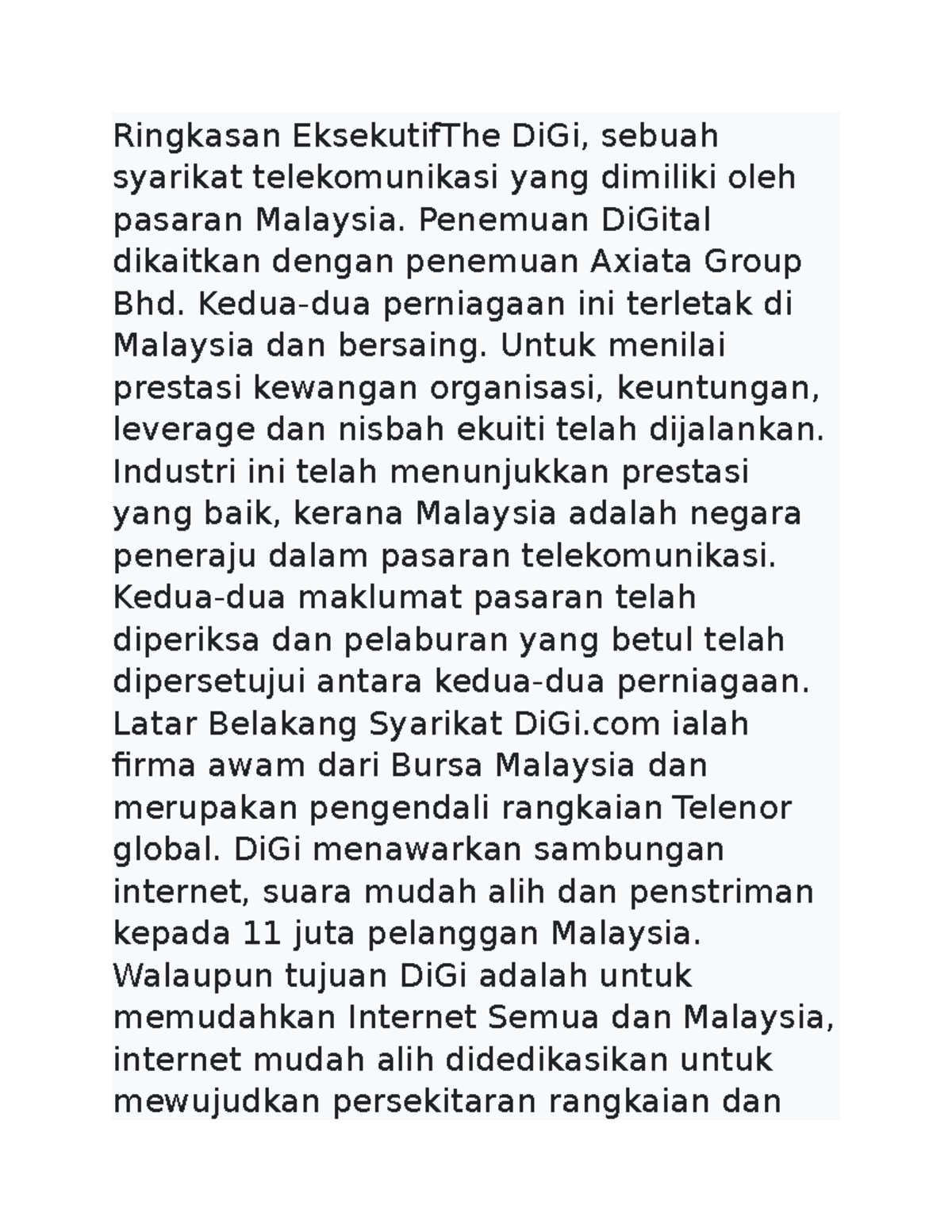 Namun begitu - notes - Ringkasan EksekutifThe DiGi, sebuah syarikat ...
