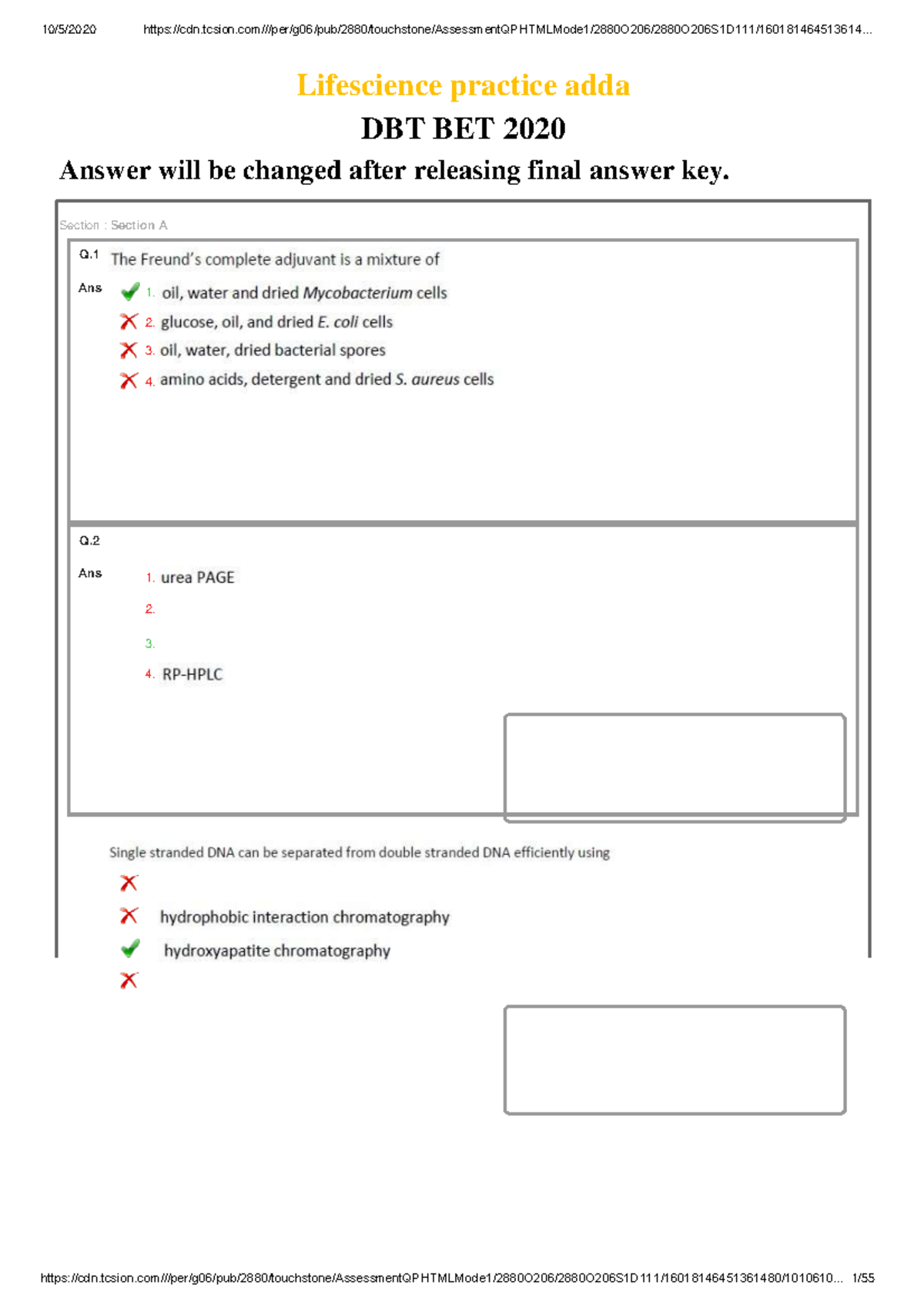 DBT JRF 2020 Question Paper - Lifescience practice adda DBT BET 2020 ...