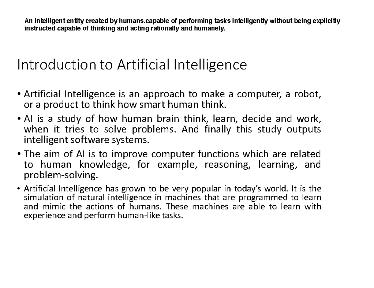 Unit-1 - Artificial Intelligence is an approach to make a computer, a ...
