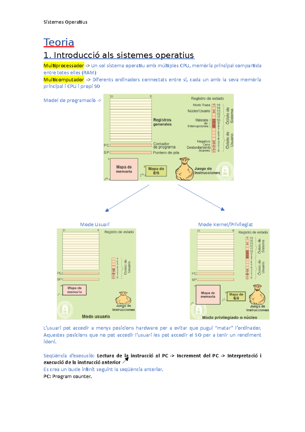 Resumen de Sistemas Operativos - Teoria 1. Introducció als sistemes operatius Multiprocessador ...