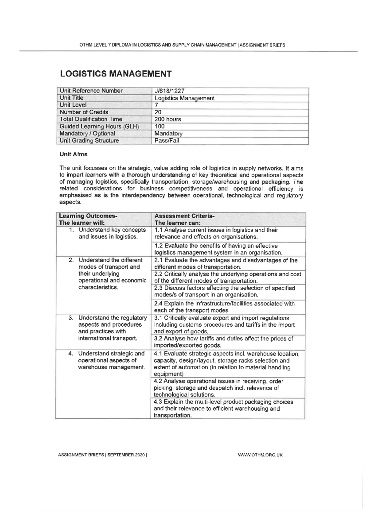 Areas - Assignment 1 - OTHM LEVEL 7 DIPLOMA IN LOGISTICS AND SUPPLY ...