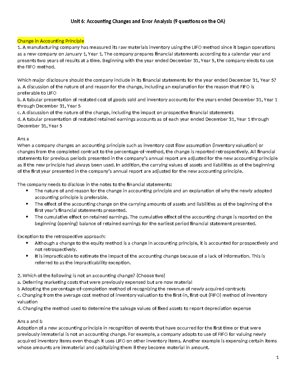 5 - Changes and Errors A - Study guide - Unit 6: Accounting Changes and ...