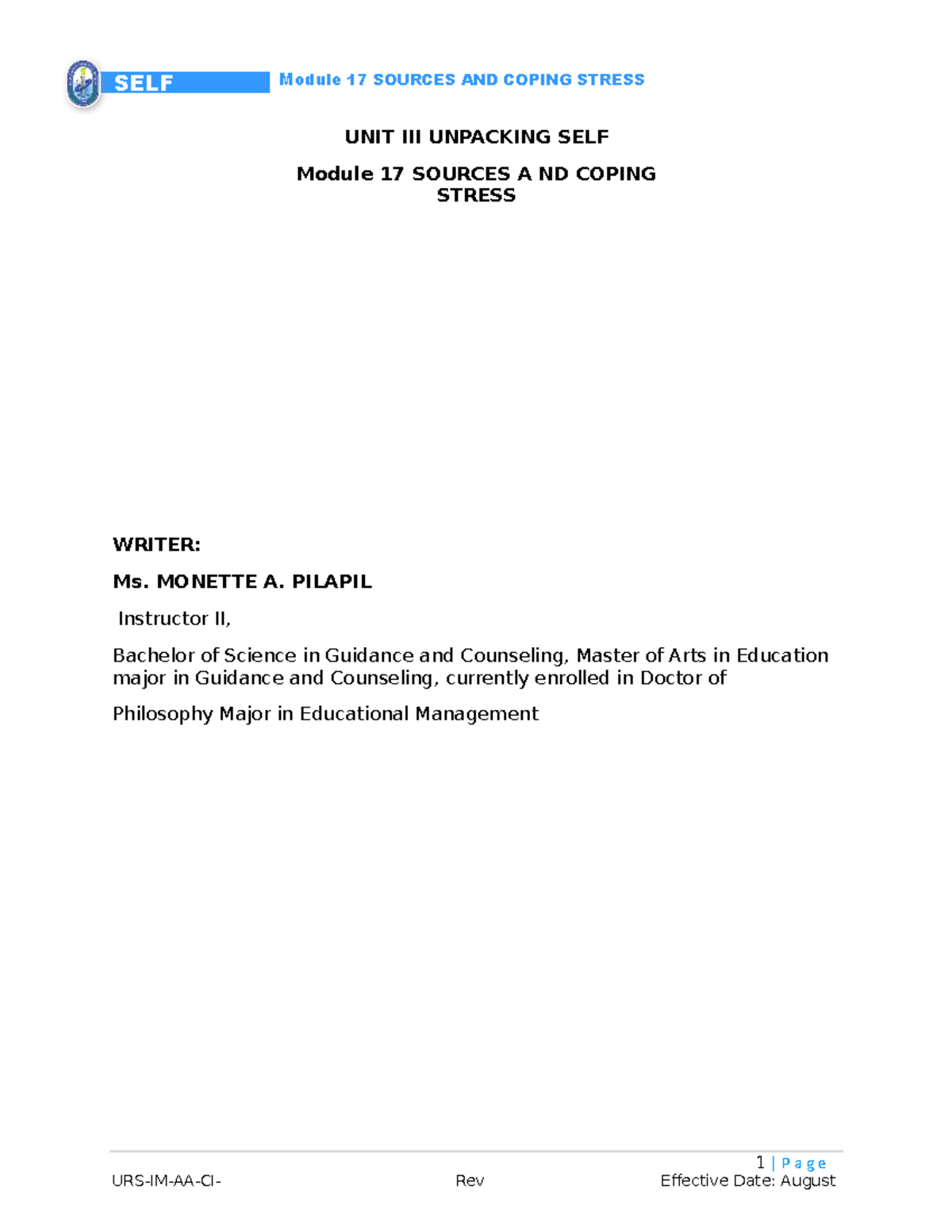 UTS- Module-17 - Study is more important - UNIT III UNPACKING SELF ...